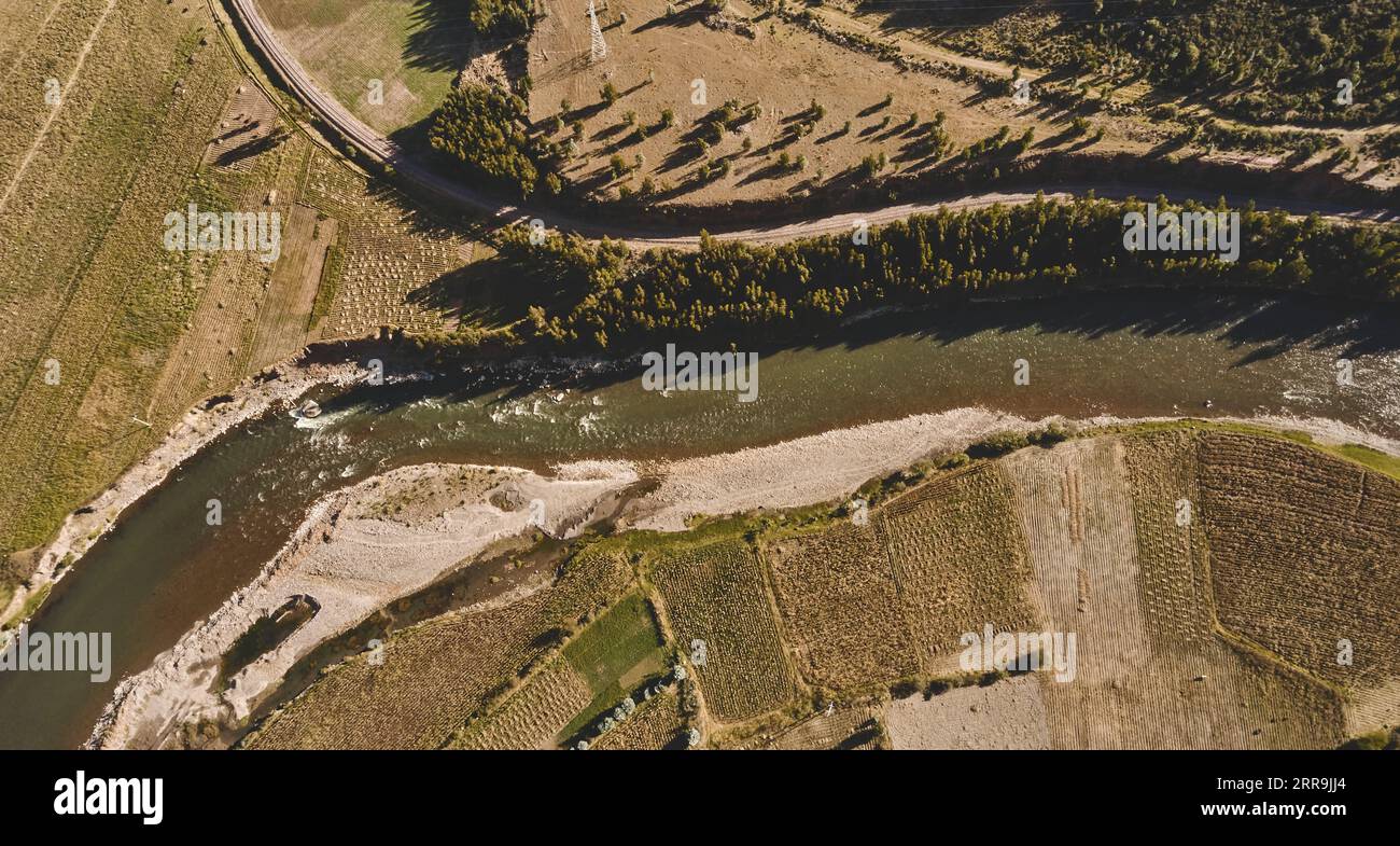 Aerial Landscape panoramic view to Urubamba river and sacred valley ...