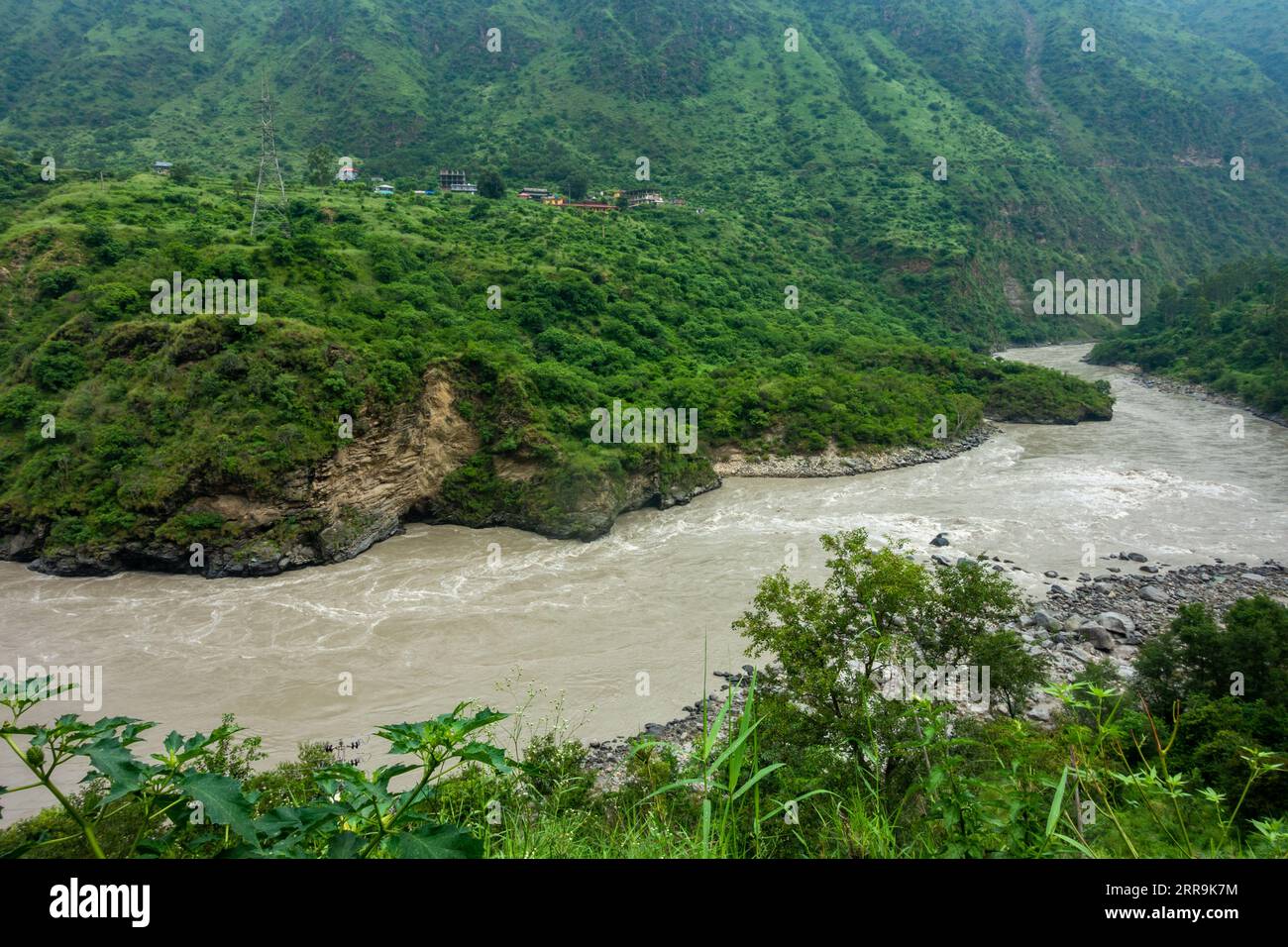 Sutlej or Satluj River flowing through the valleys of Himachal Pradesh ...