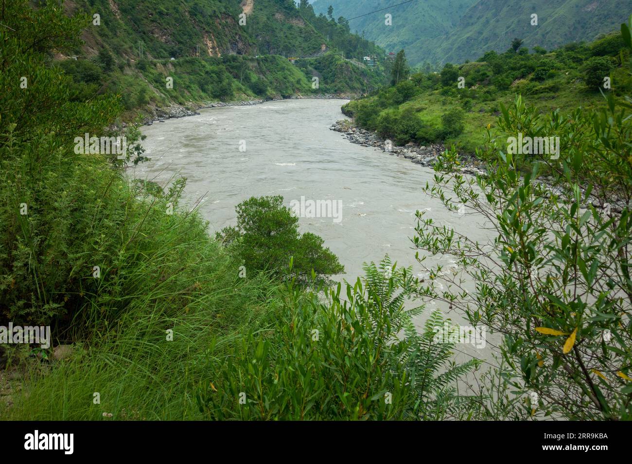 Sutlej or Satluj River flowing through the valleys of Himachal Pradesh ...