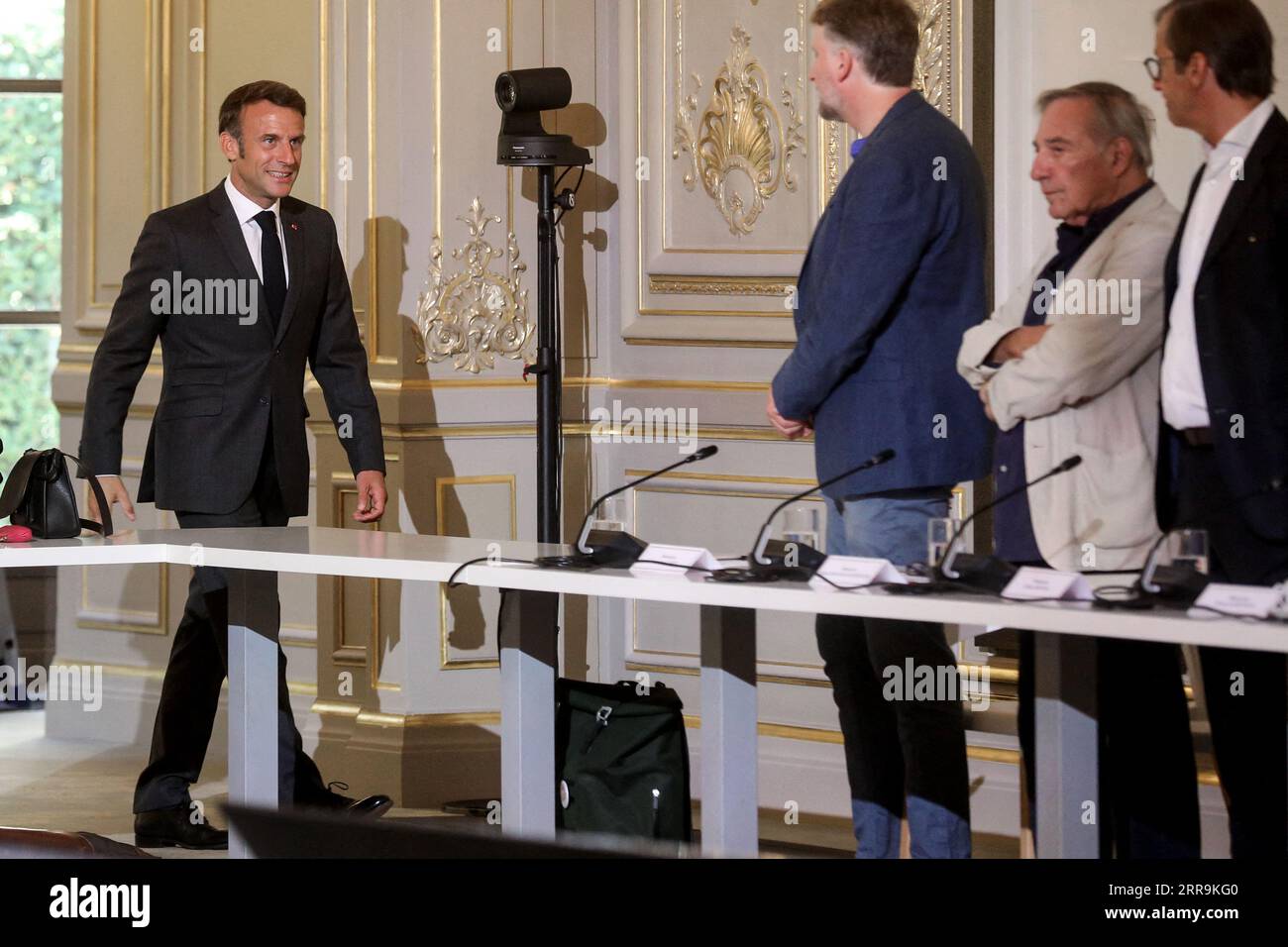 Paris, France. 07th Sep, 2023. President Emmanuel Macron greets attendees and Allain Bougrain ...