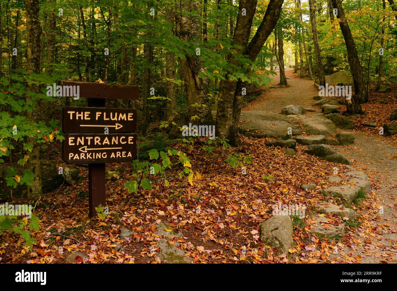 A hiking trail leads to the Flume Gorge in Franconia State Park, New ...