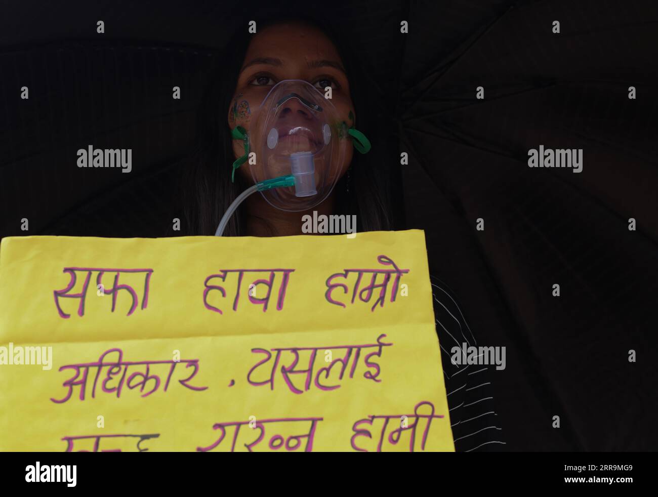 Lalitpur Nepal 7th Sep 2023 A Climate Activist Wears An Oxygen Mask lalitpur-nepal-7th-sep-2023-a-climate-activist-wears-an-oxygen-mask