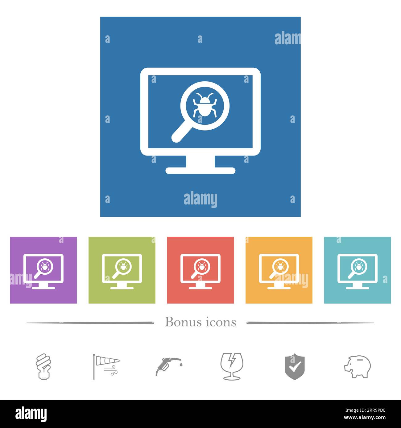 Spyware scanning flat white icons in square backgrounds. 6 bonus icons ...