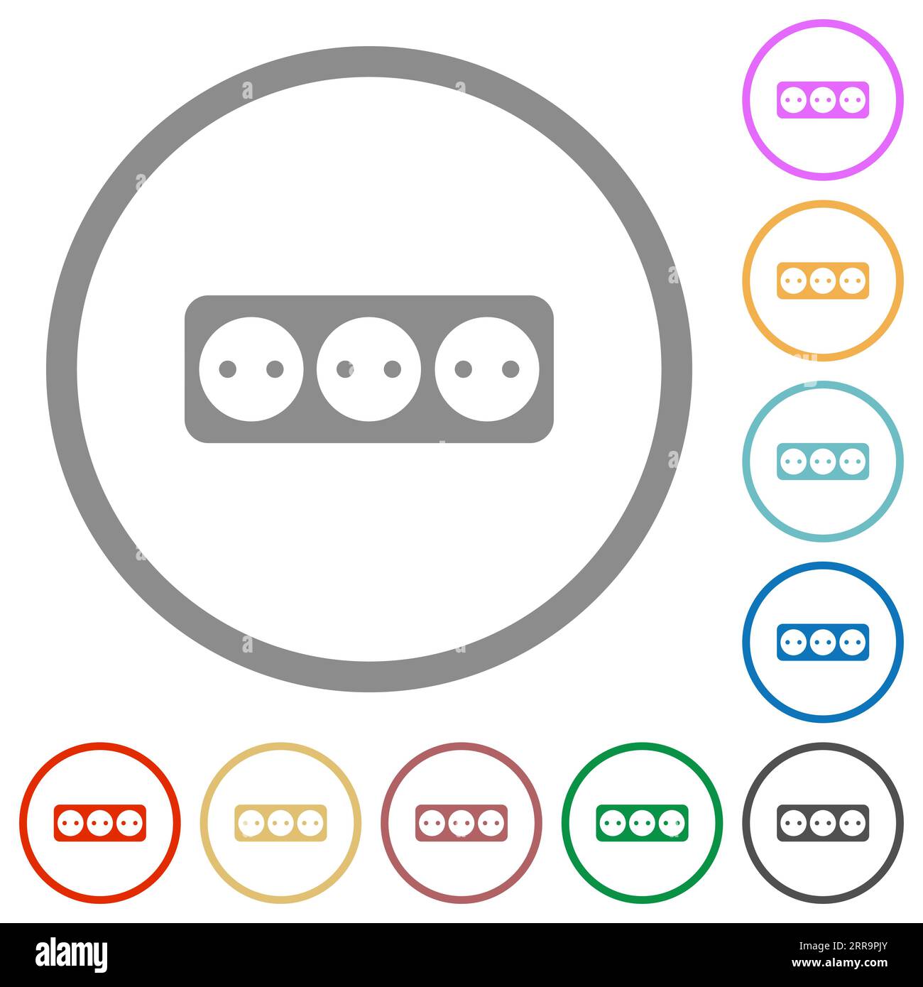 Electrical outlet with three sockets solid flat color icons in round outlines on white ...