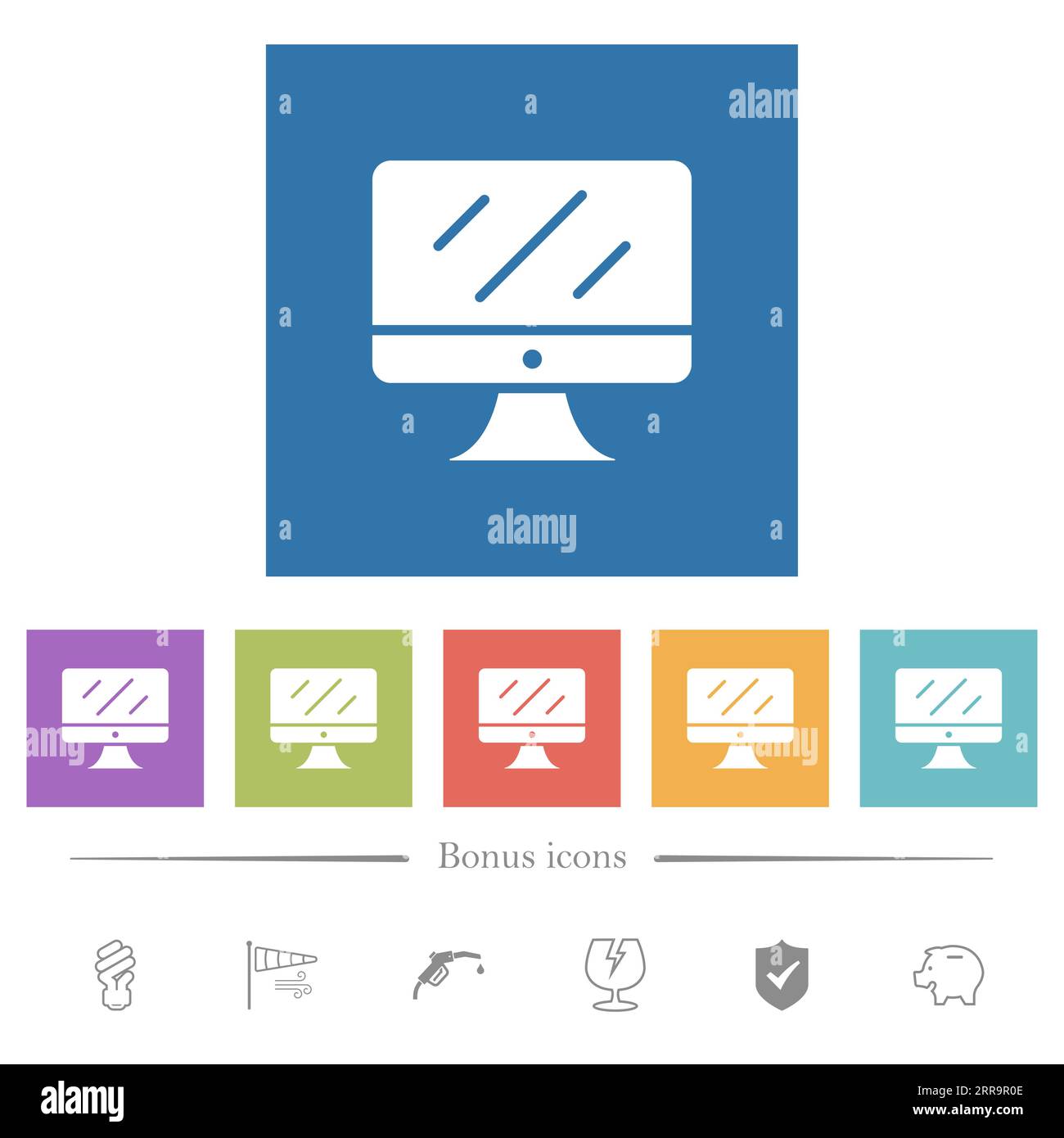 Computer monitor flat white icons in square backgrounds. 6 bonus icons ...
