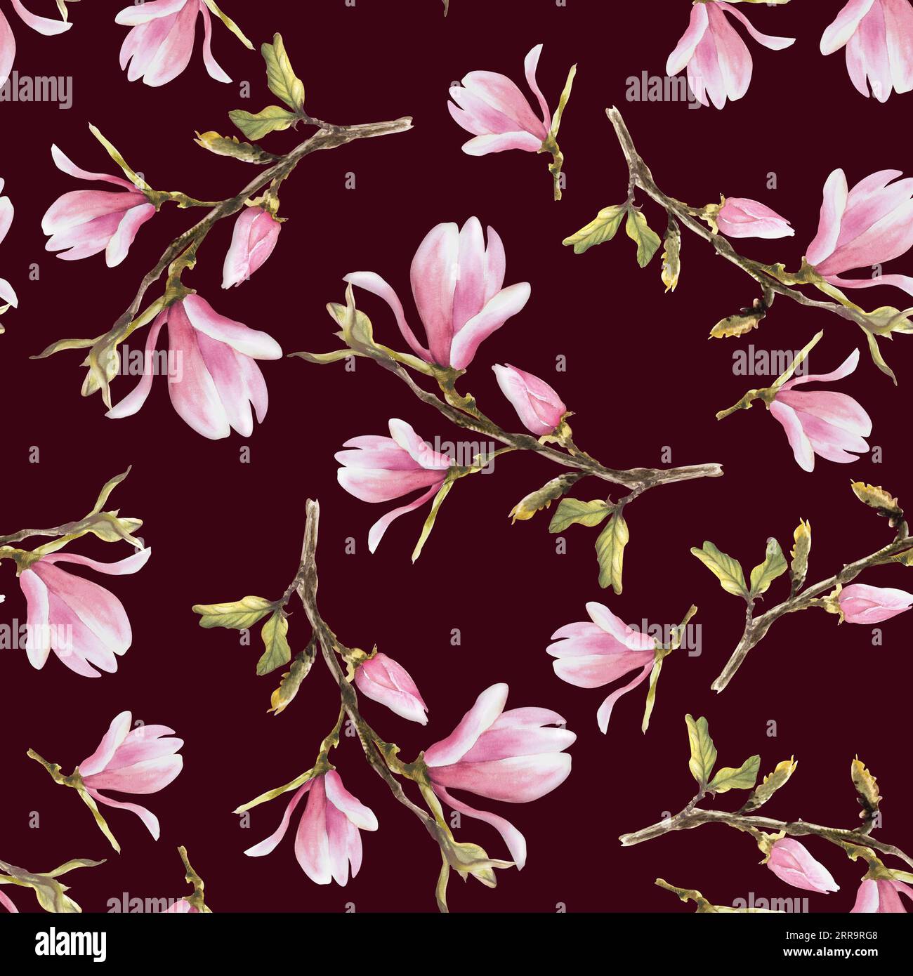 Magnolia pink flower bough seamless pattern. Watercolor hand drawn ...