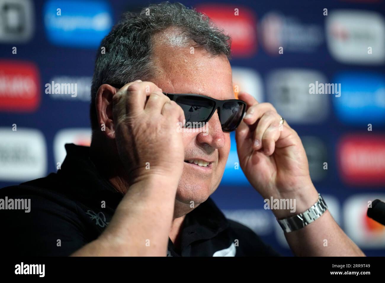 New Zealand's head coach Ian Foster removes his sunglasses as he ...