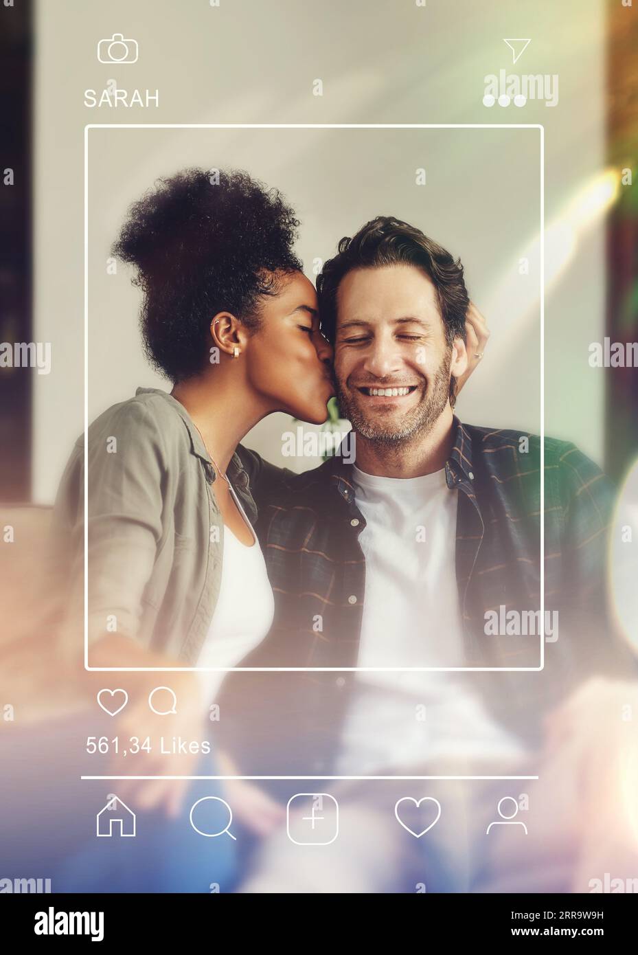 Couple, kiss and social media picture on camera, care and bonding ...