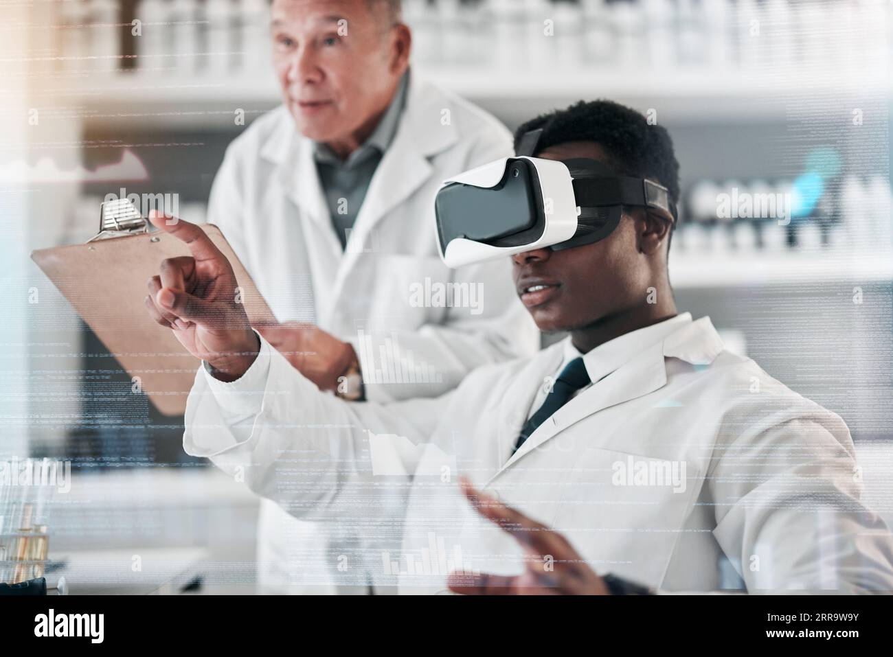 Scientist, team and VR or futuristic glasses for laboratory research ...