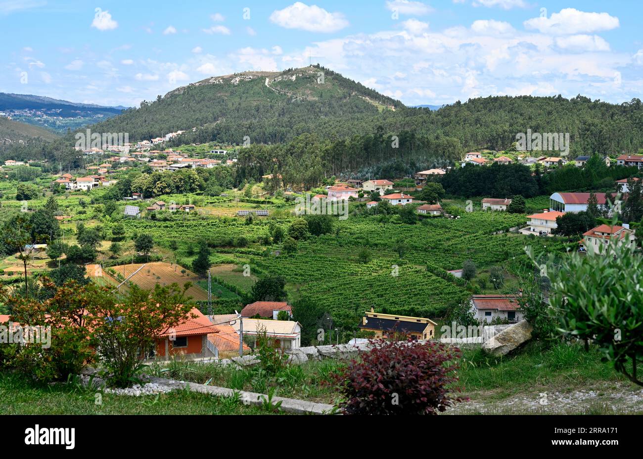 Landscape view over countryside and mountains in Aveiro district of ...
