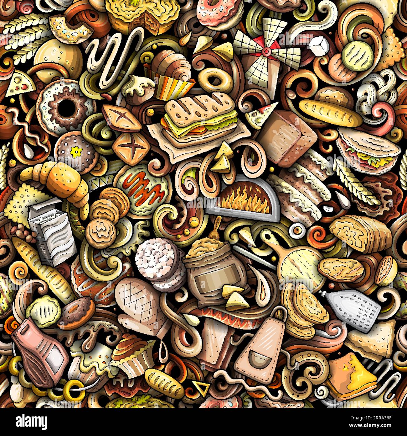 Cartoon vector doodles on the subject of bakery seamless pattern ...