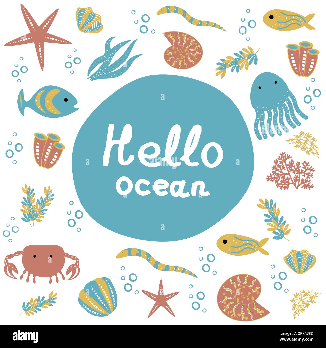 Vector set of cute sea animals - octopus, crab, fish, clams and the ...
