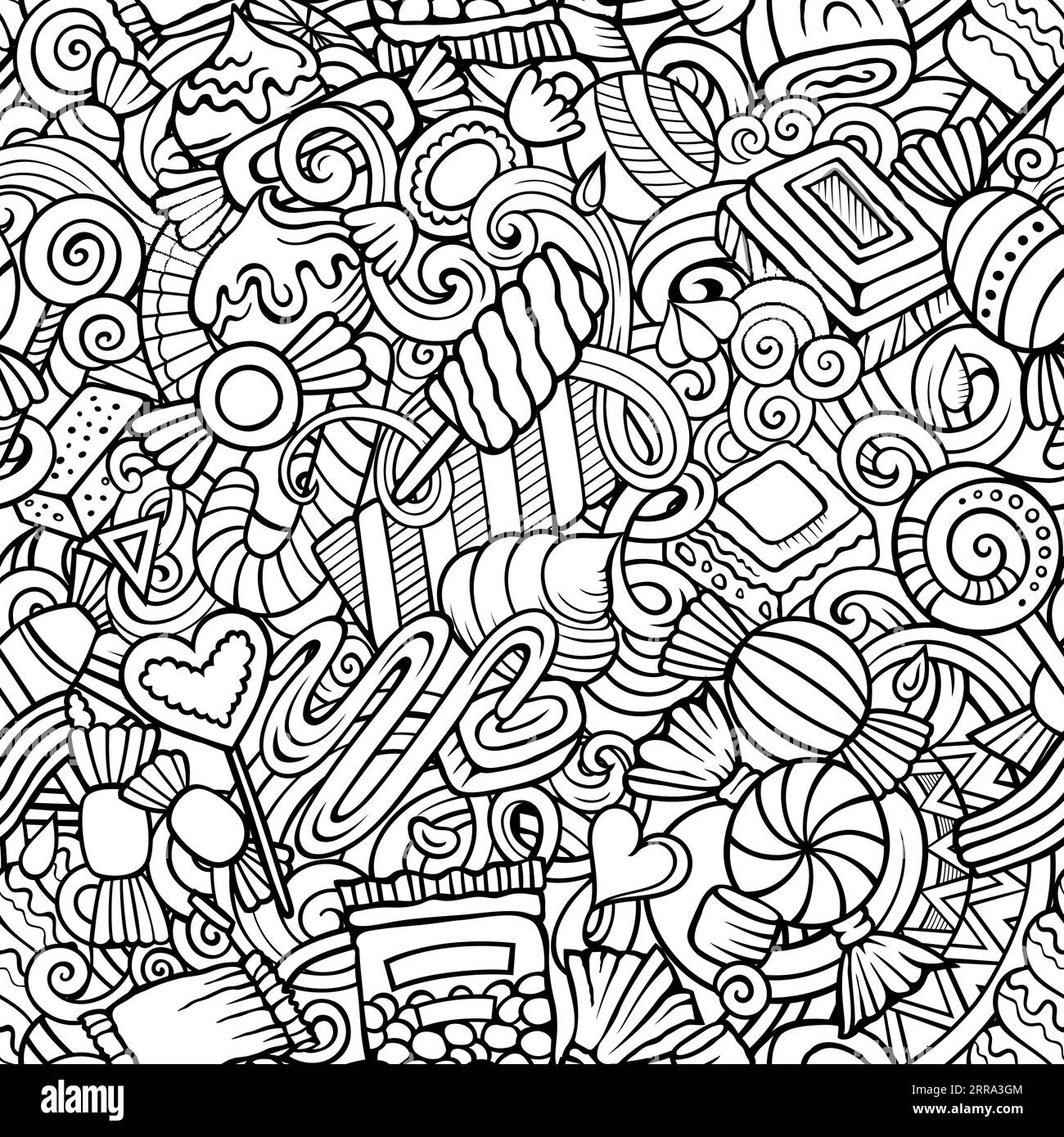 Cartoon doodles Candies seamless pattern. Backdrop with confectionery ...