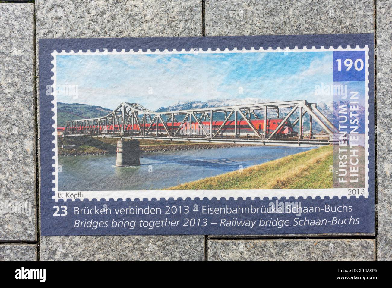Liechtenstein postage stamp print on pedestrianised pavement, Städtle ...