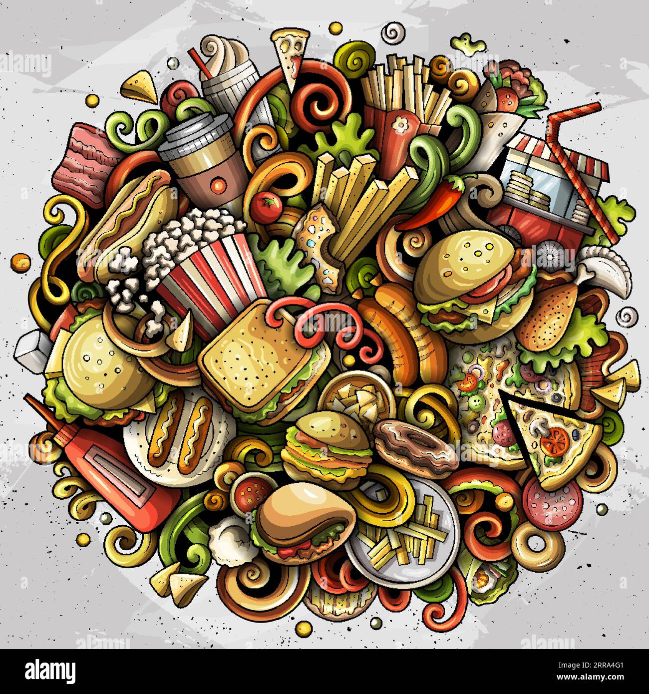 Fastfood cartoon doodles illustration. Fast food funny objects and ...
