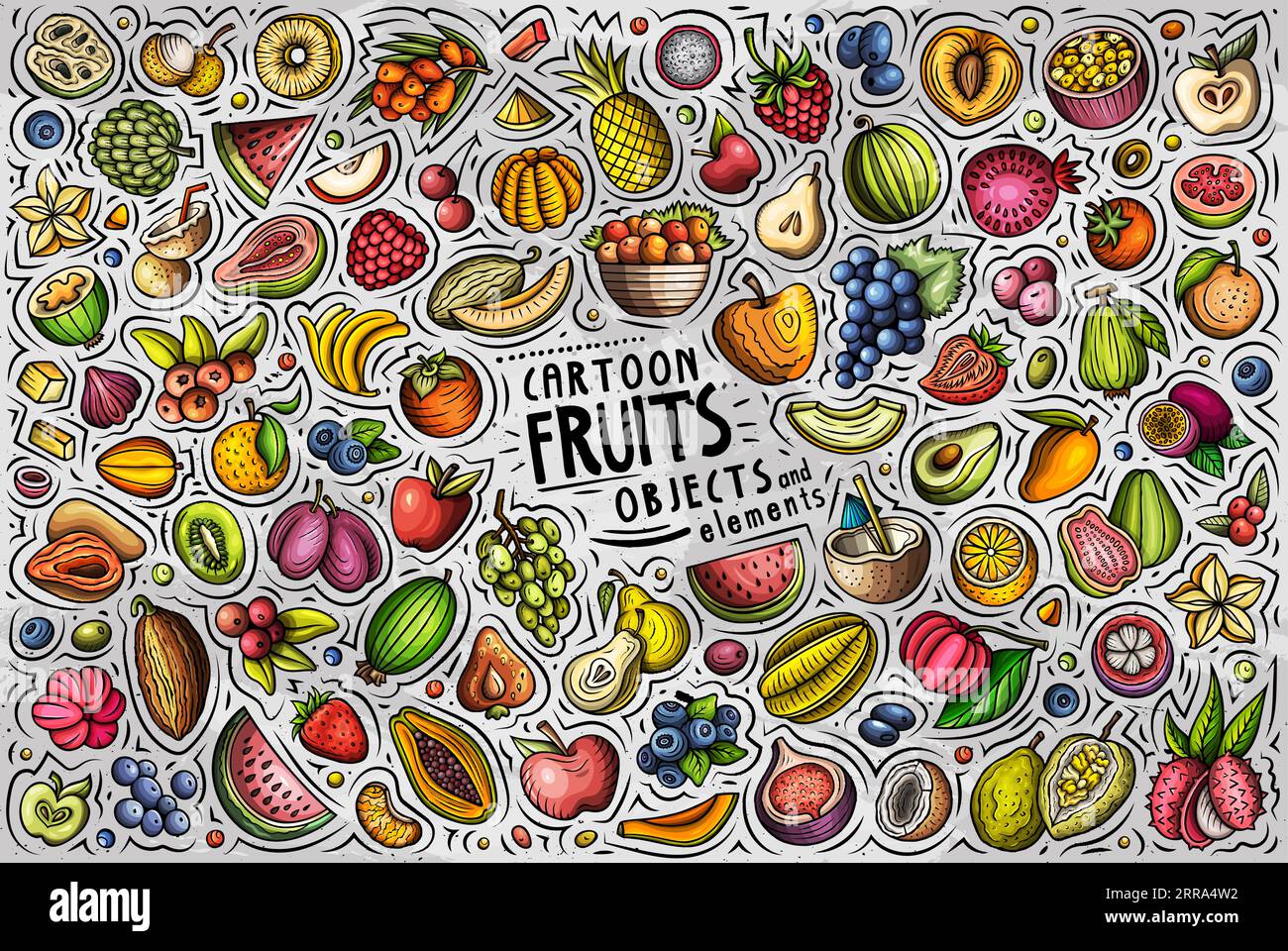 Cartoon vector doodle set features a variety of Fruits objects and ...