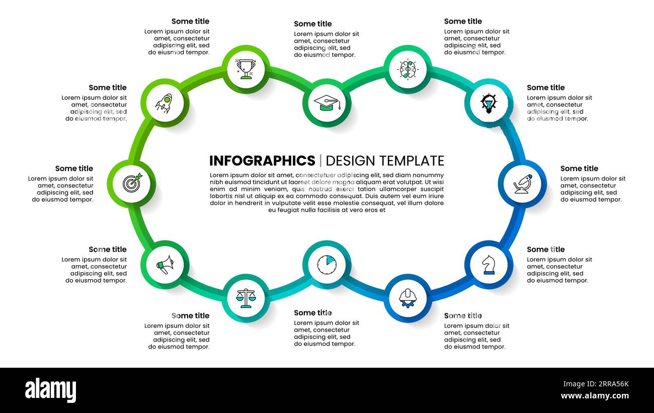 Infographic template with icons and 12 options or steps. Line in a loop ...