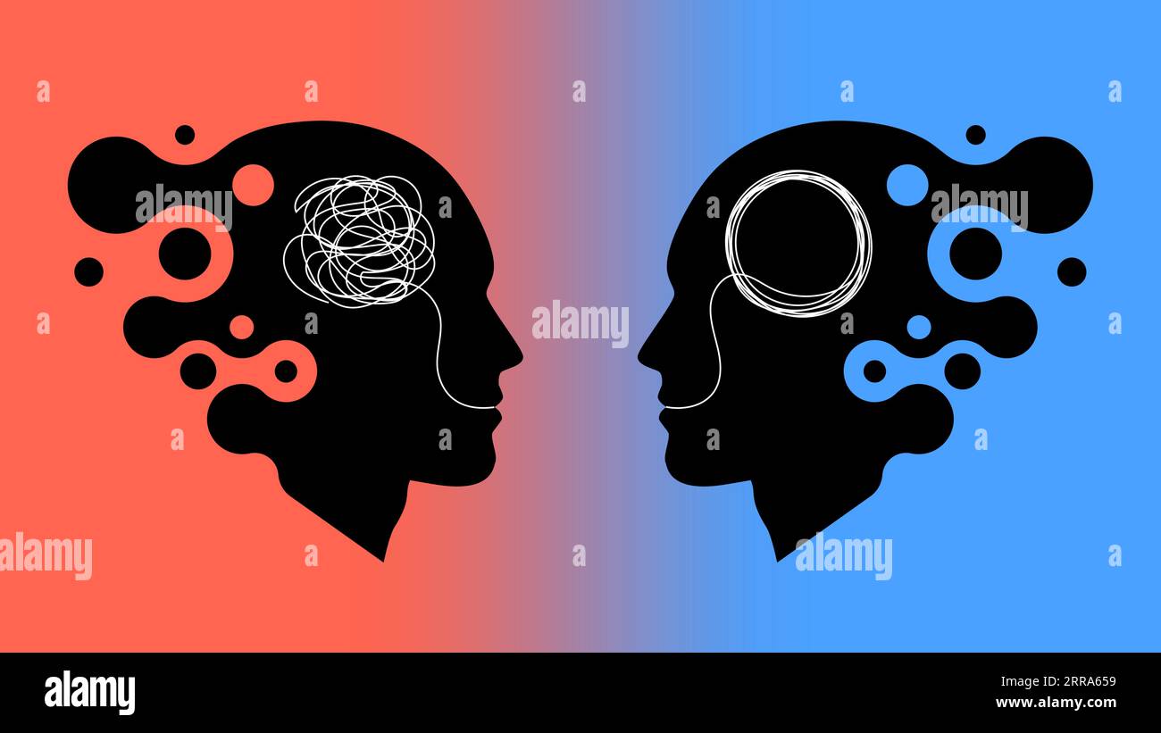 Two abstract heads with opposite thinking. Concept of chaos and order ... Two abstract heads with opposite thinking. Concept of chaos and order ...