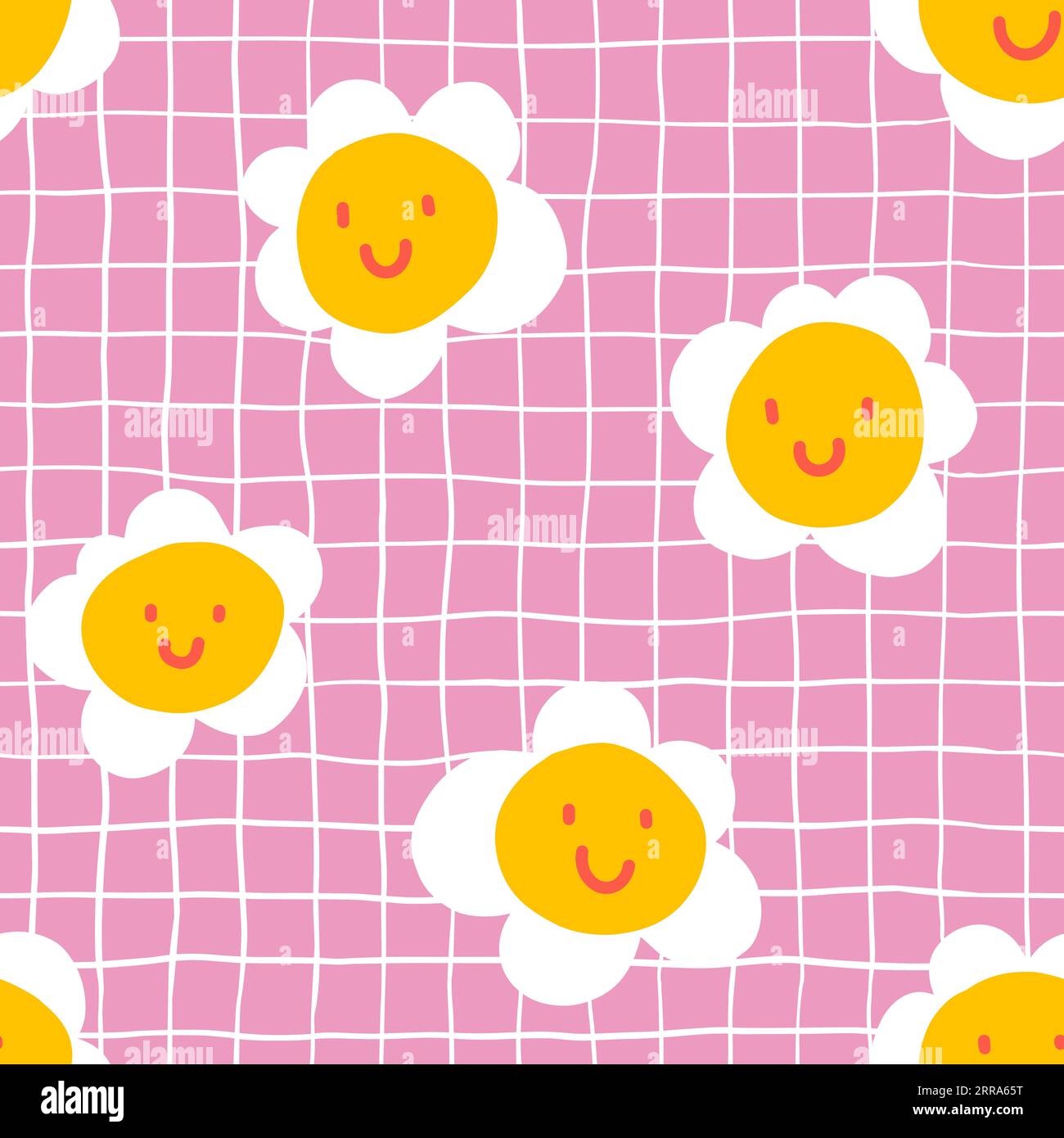 Fun Daisy Naive groovy seamless pattern with doodle grid. Contemporary ...