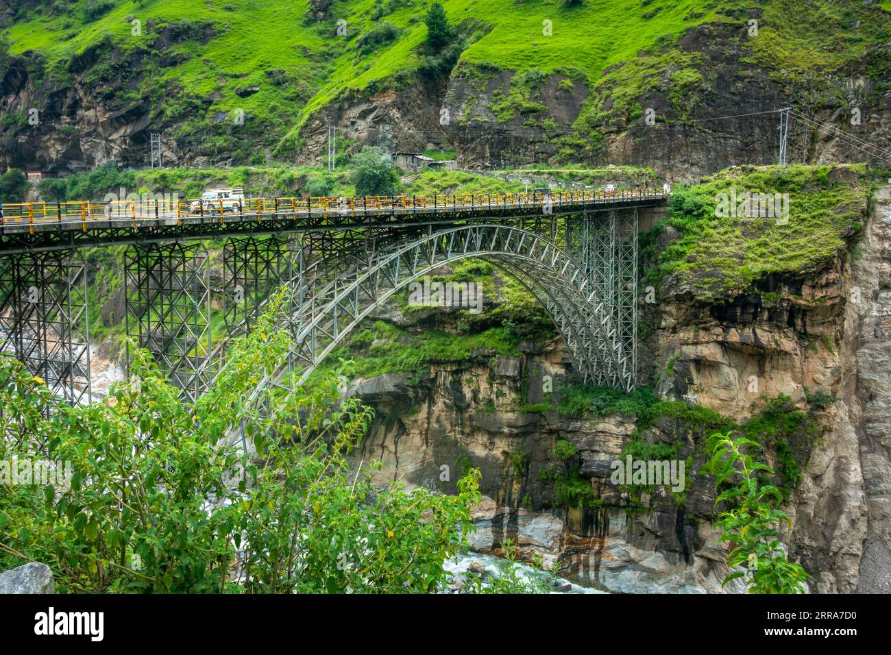 Steel truss arch bridge spanning the Satluj River, Himachal Pradesh ...