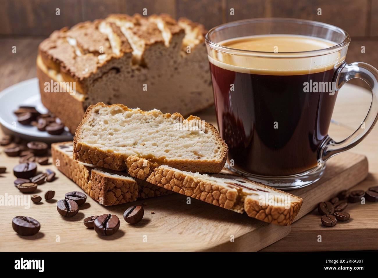 Frühstück mit einer Kaffeetasse und mit Brot, Kaffeebohnen Stock Photo ...