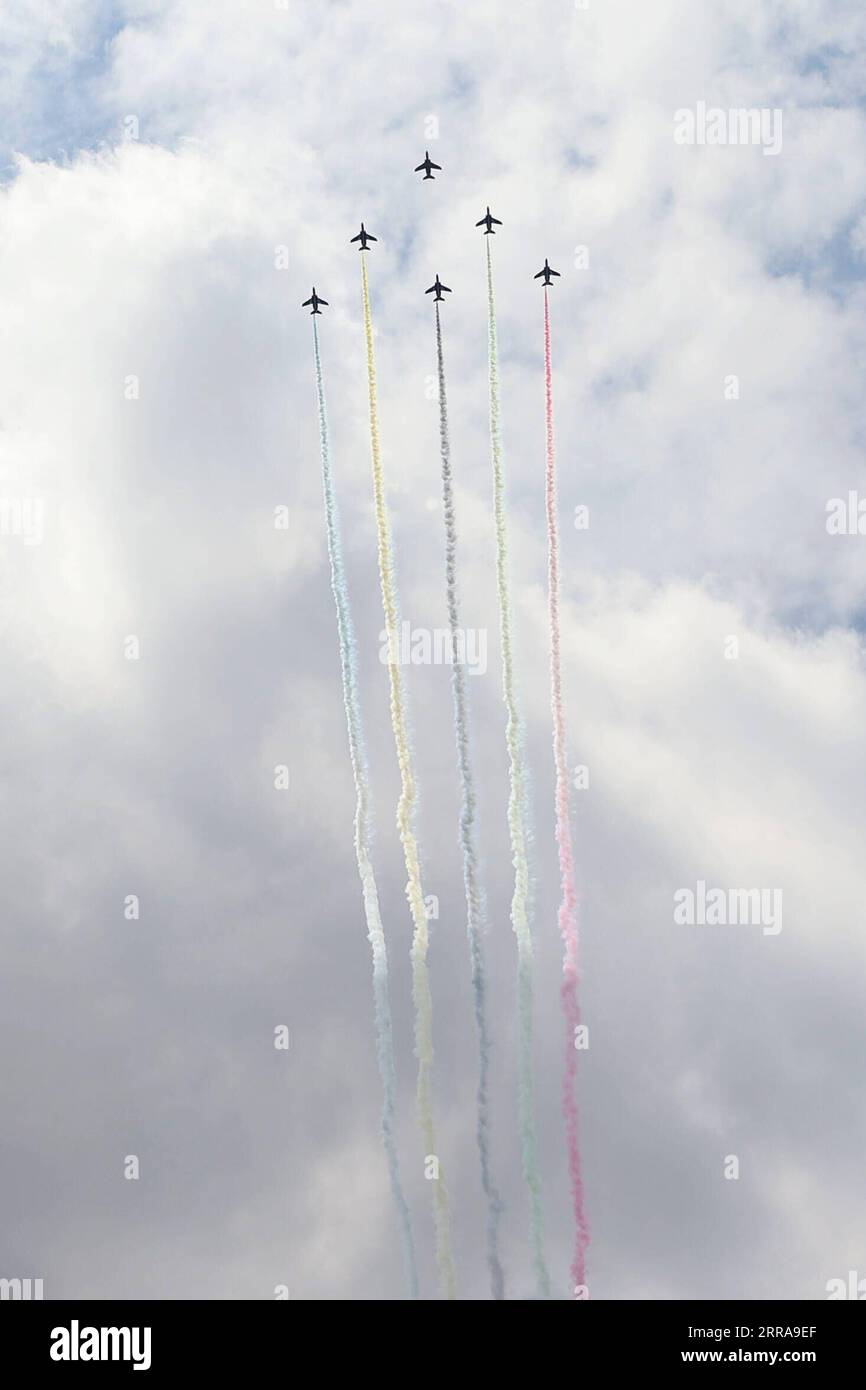 210723 -- TOKYO, July 23, 2021 -- Aircraft of the Blue Impulse of the ...
