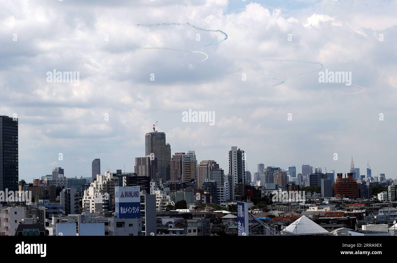 210723 -- TOKYO, July 23, 2021 -- Aircraft of the Blue Impulse of the ...