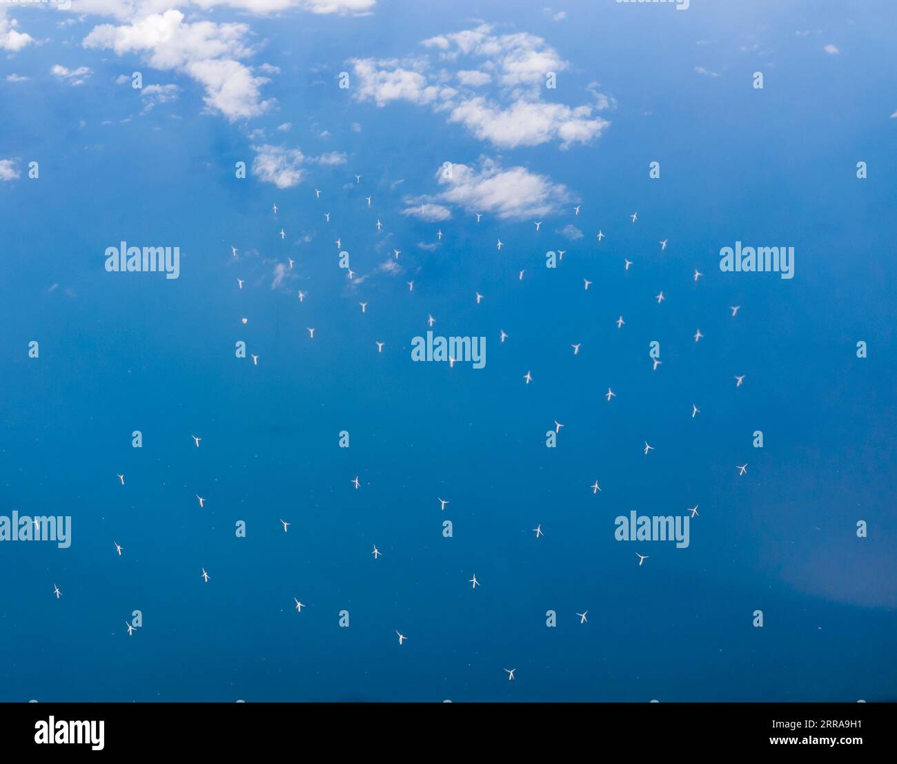 Looking down on an off-shore wind farm in the English Channel off the ...