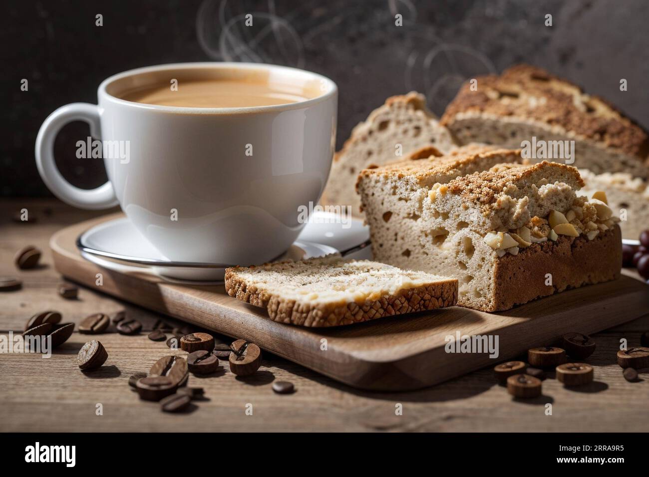 Frühstück mit einer Kaffeetasse und mit Brot, Kaffeebohnen Stock Photo ...