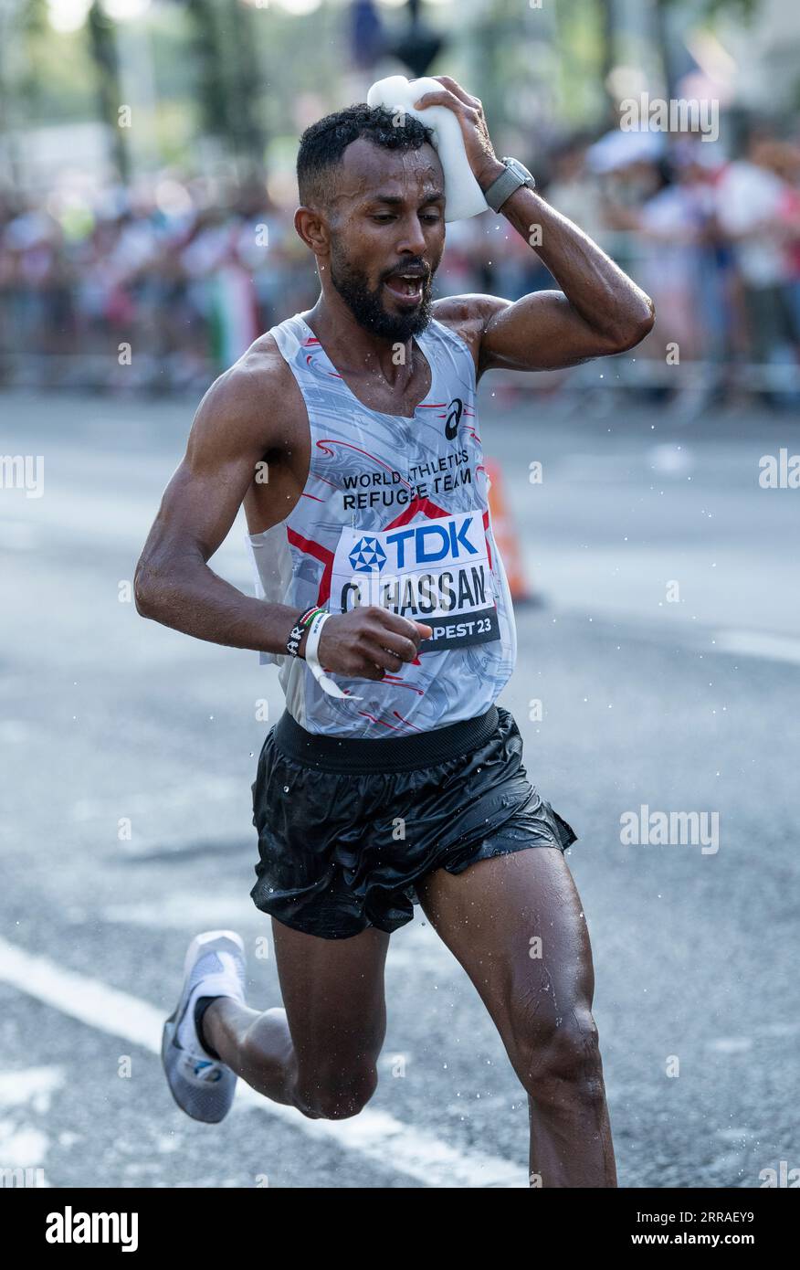 Omar Hassan of the Athlete Refugee Team competing in the men’s marathon on day 9 of the World ...
