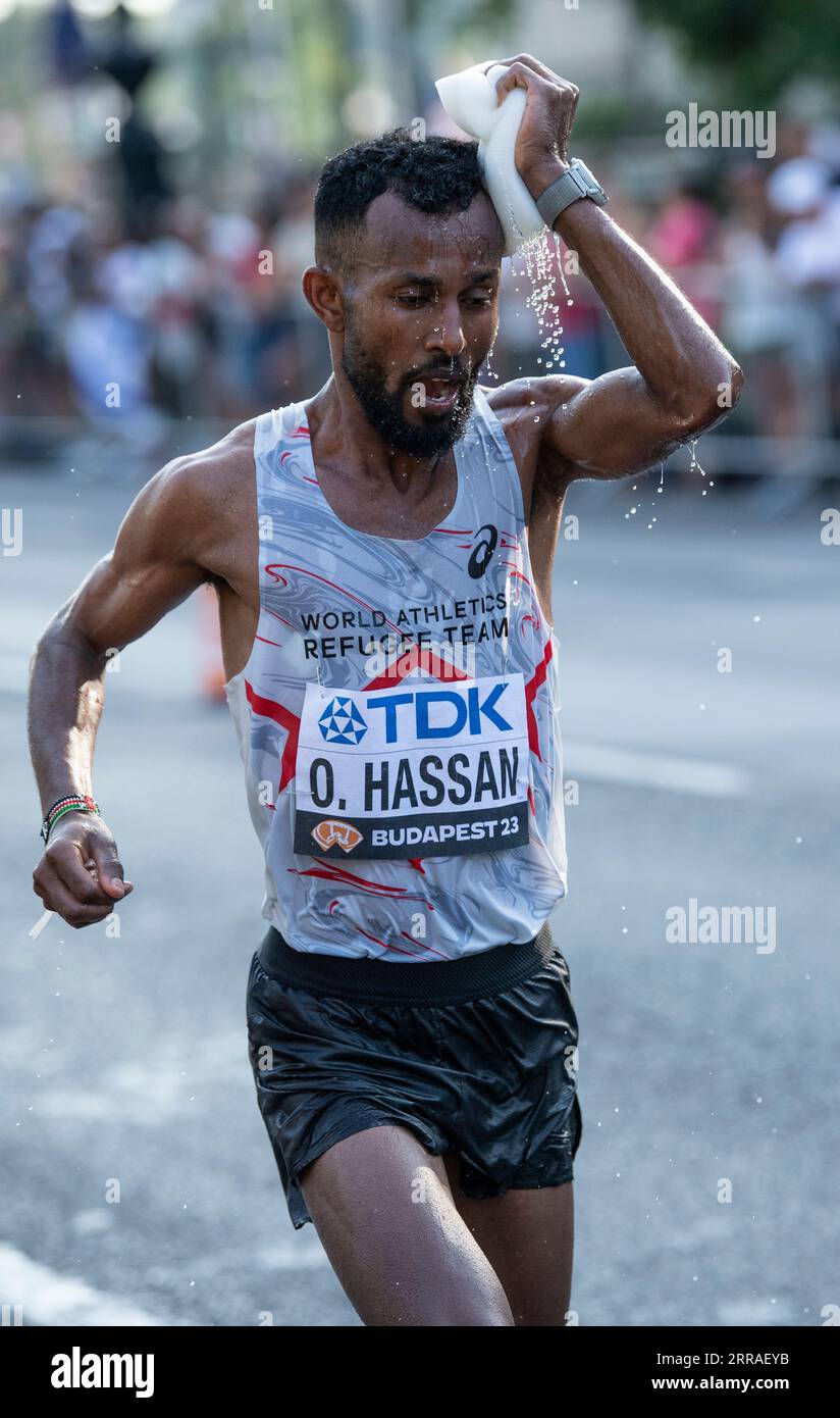 Omar Hassan of the Athlete Refugee Team competing in the men’s marathon ...