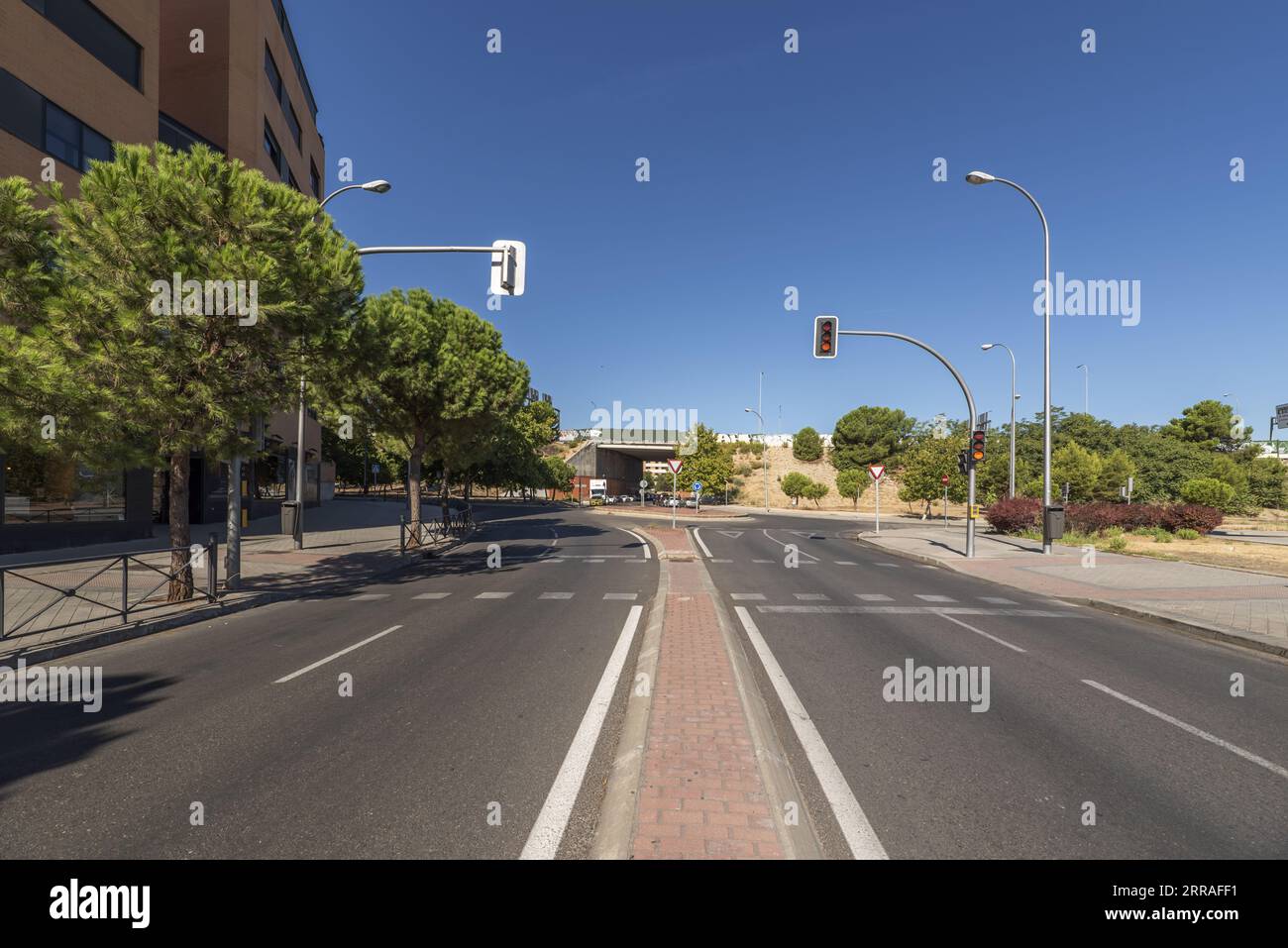 A two-way street with a large tree-lined roundabout and traffic lights ...