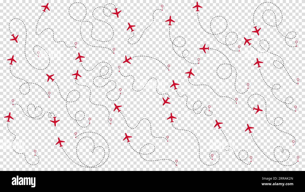 Airplane or aeroplane routes path set. Travel concept from start point ...