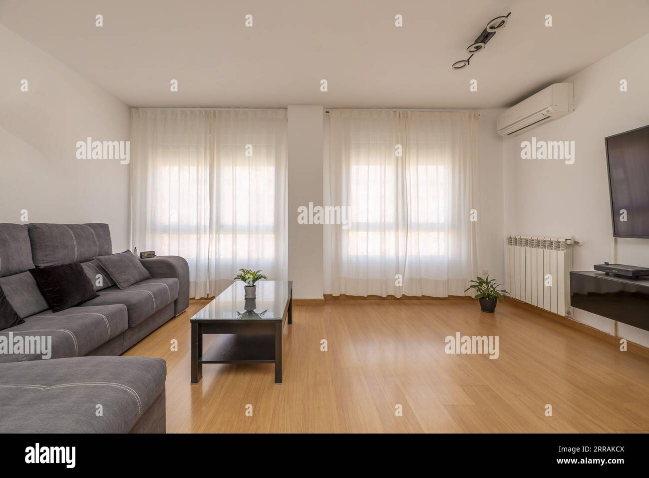 Living room of a house with sparse furniture, a gray fabric sofa and ...