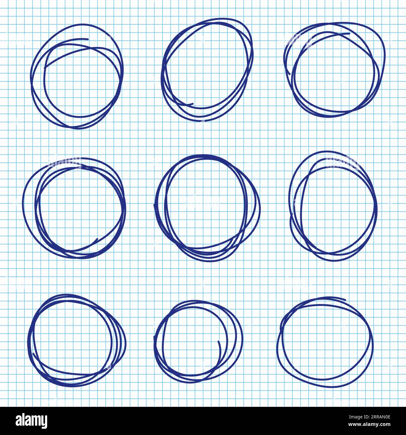 Hand drawn pen circles line sketch set on notebook pages. Drawing blue ...