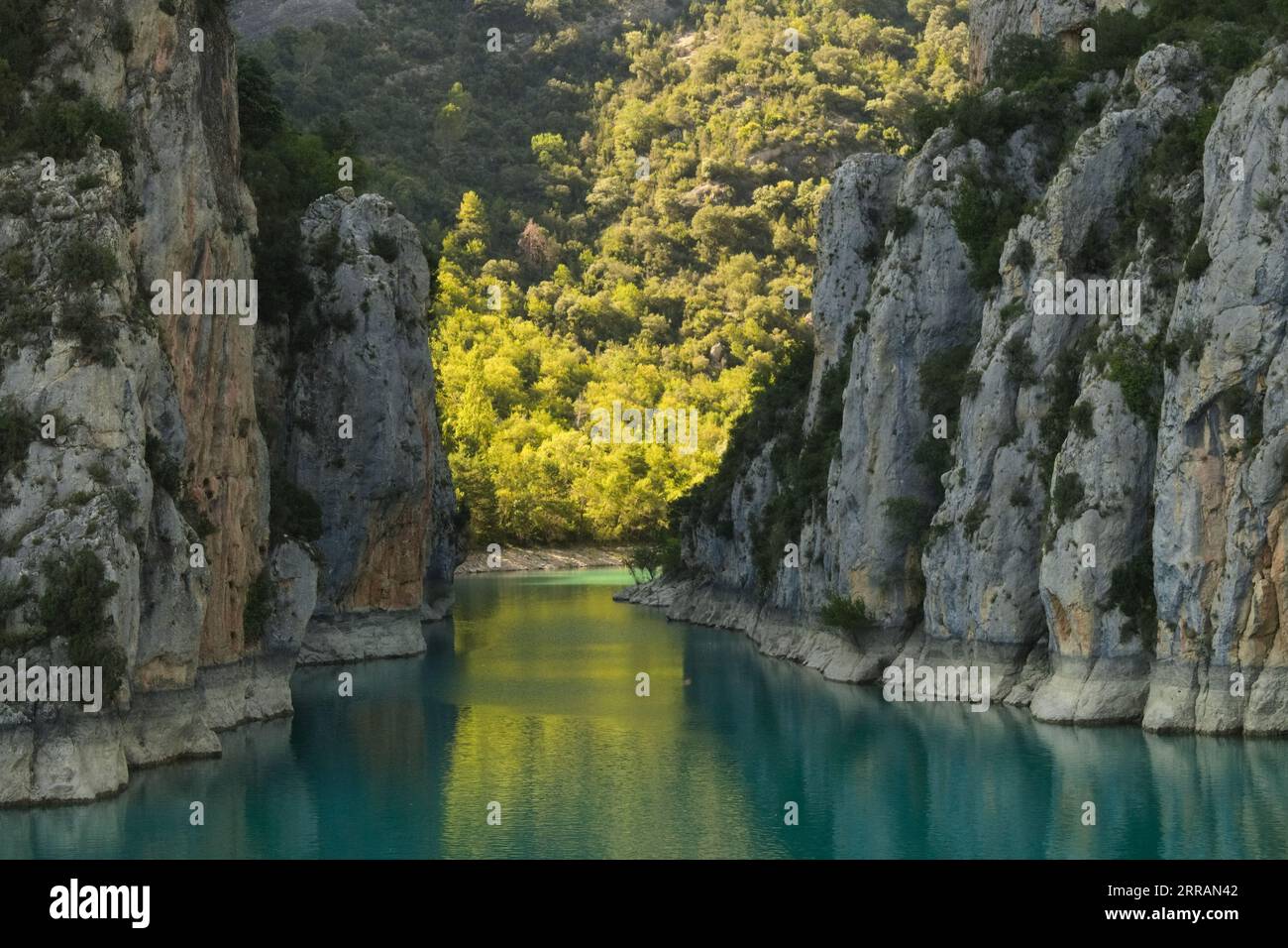 Blue river flowing through gray canyons and cliffs in the Pyrenean ...