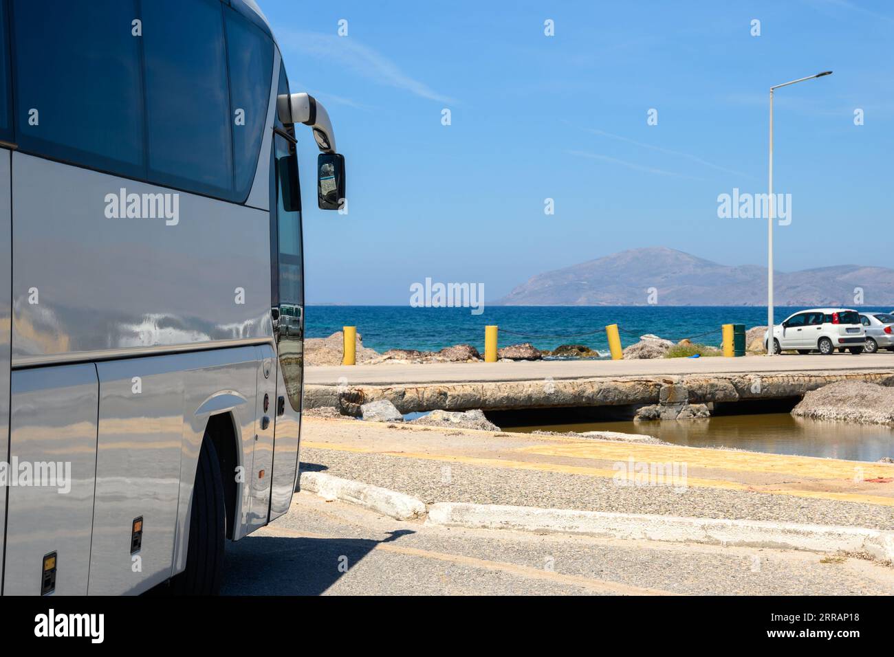 Intercity Bus Stop on the seafront in Mastichari village on the island ...
