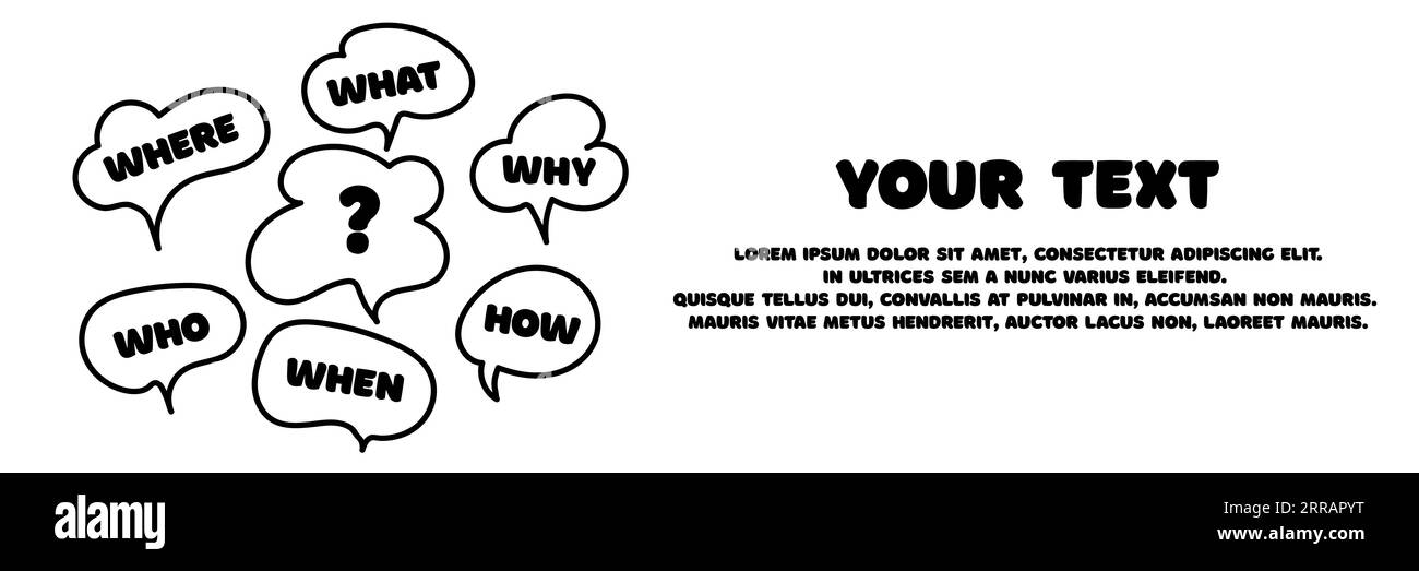 Question who, what, how, why, for what and where. Doodle speech bubbles ...