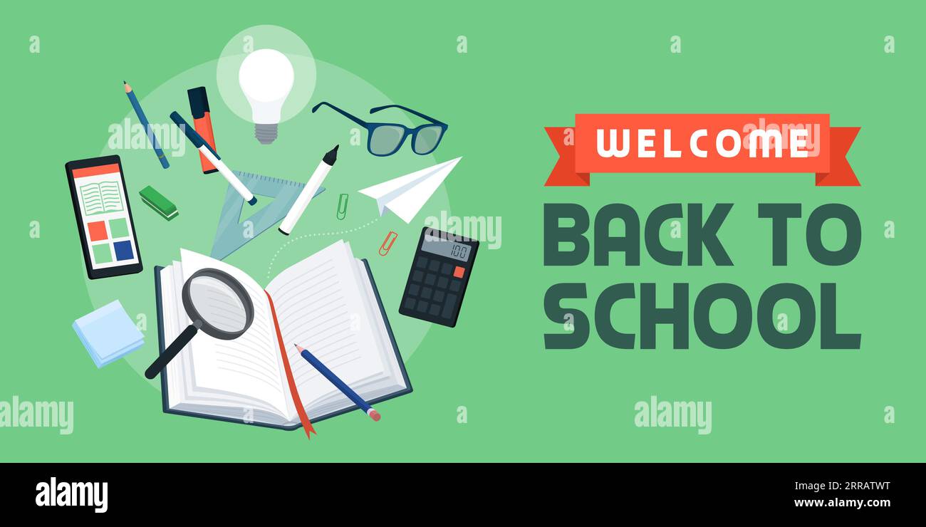 Welcome back to school: book and assorted school supplies, learning and ...