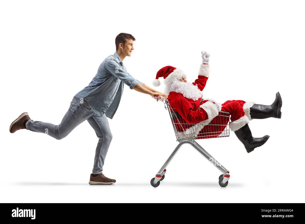 Guy pushing Santa Claus inside a shopping cart isolated on white ...