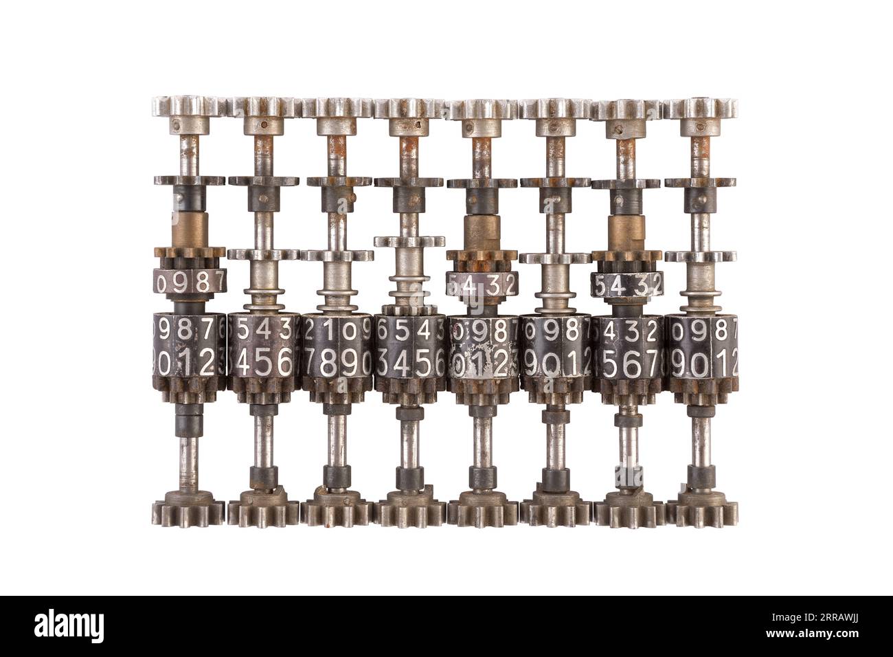 Metal gears and cogs mechanism with numbers isolated on white ...