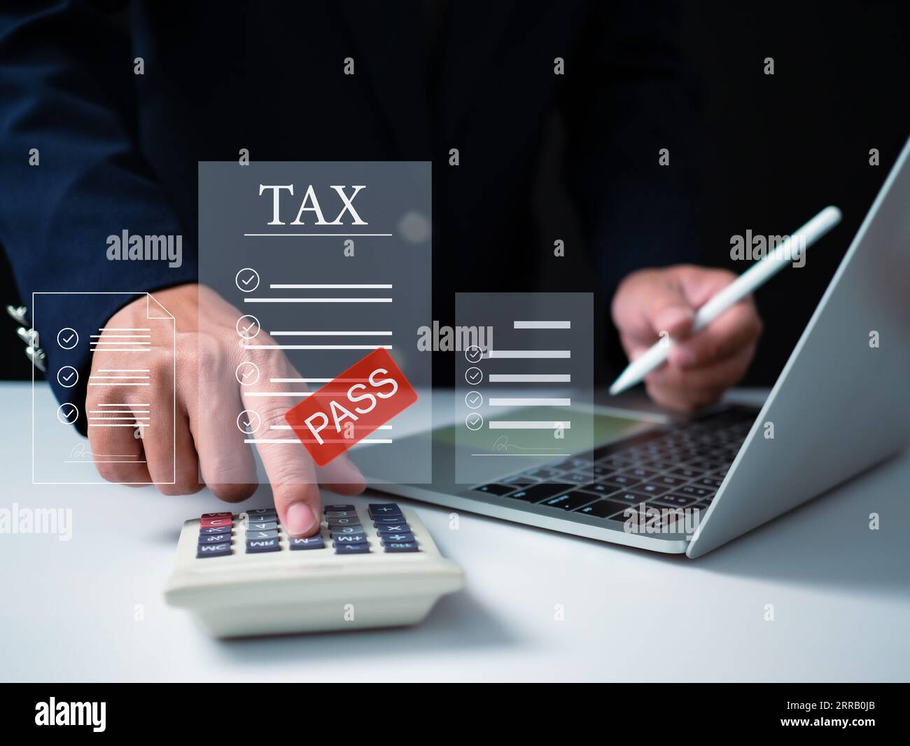 Businessman using computer and calculator for tax calculation, online ...