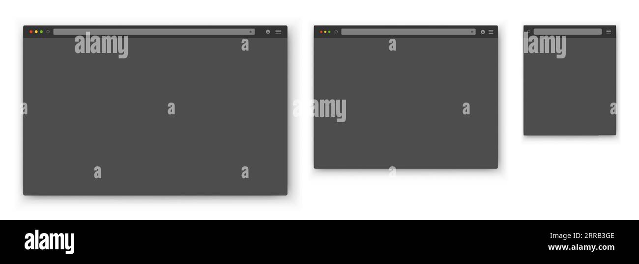 A set of realistic empty gray browser windows of different shapes with a toolbar, a search bar ...