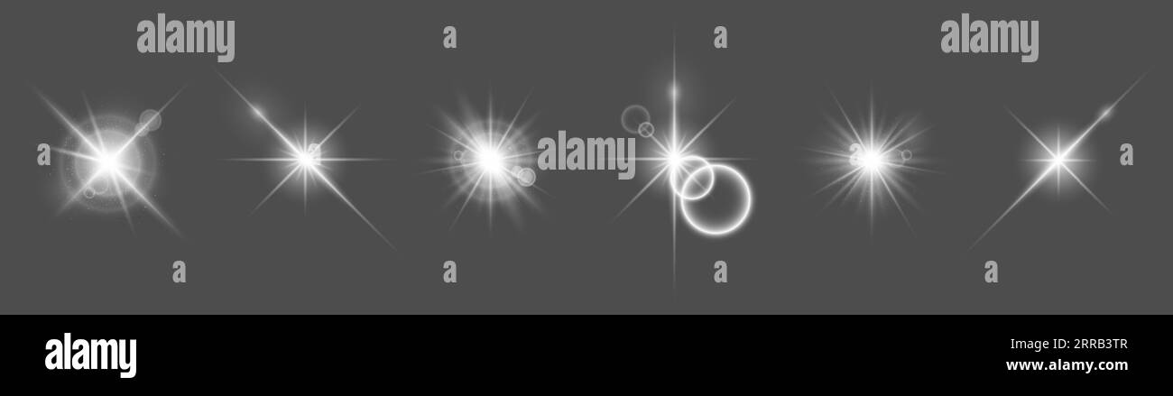 Shining white light effects on a dark background. A collection of various glowing sparks, stars ...