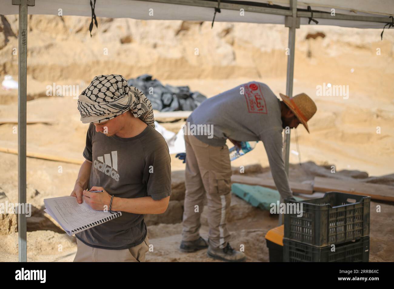 A French archaeologist works near a grave full of bones at the Roman ...