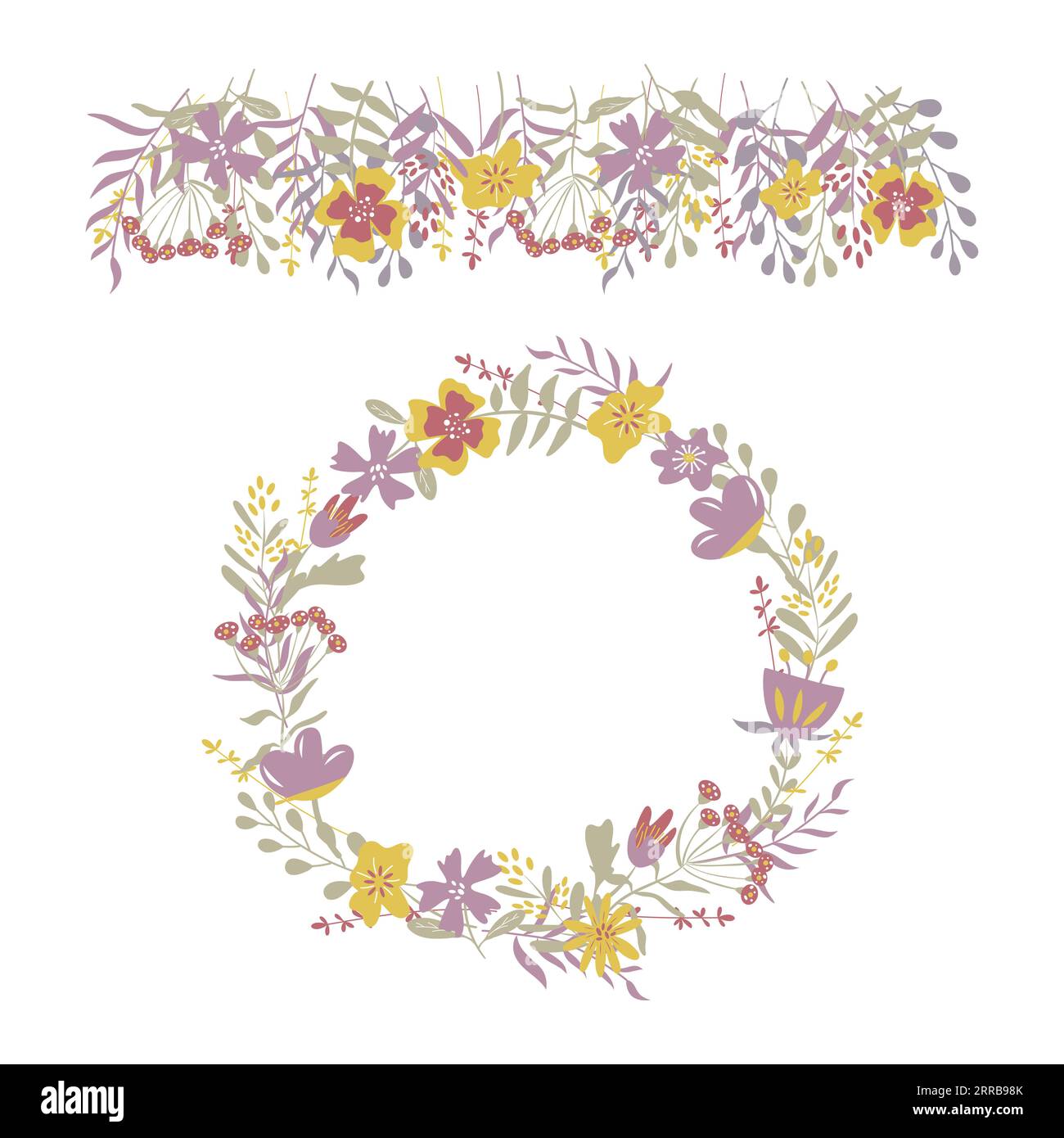 Hand drawn fantastic flower banner and wreath. Floral arrangement ...