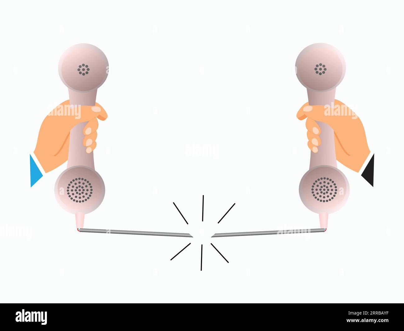 Two hands holding old telephone receivers with broken cable Stock ...