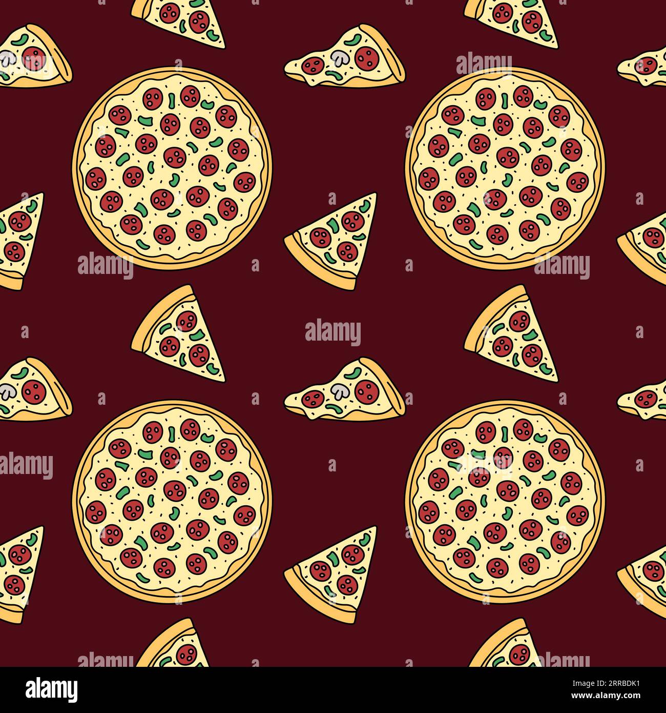 Pizza vector seamless pattern. Fast food background. Hand drawn outline ...