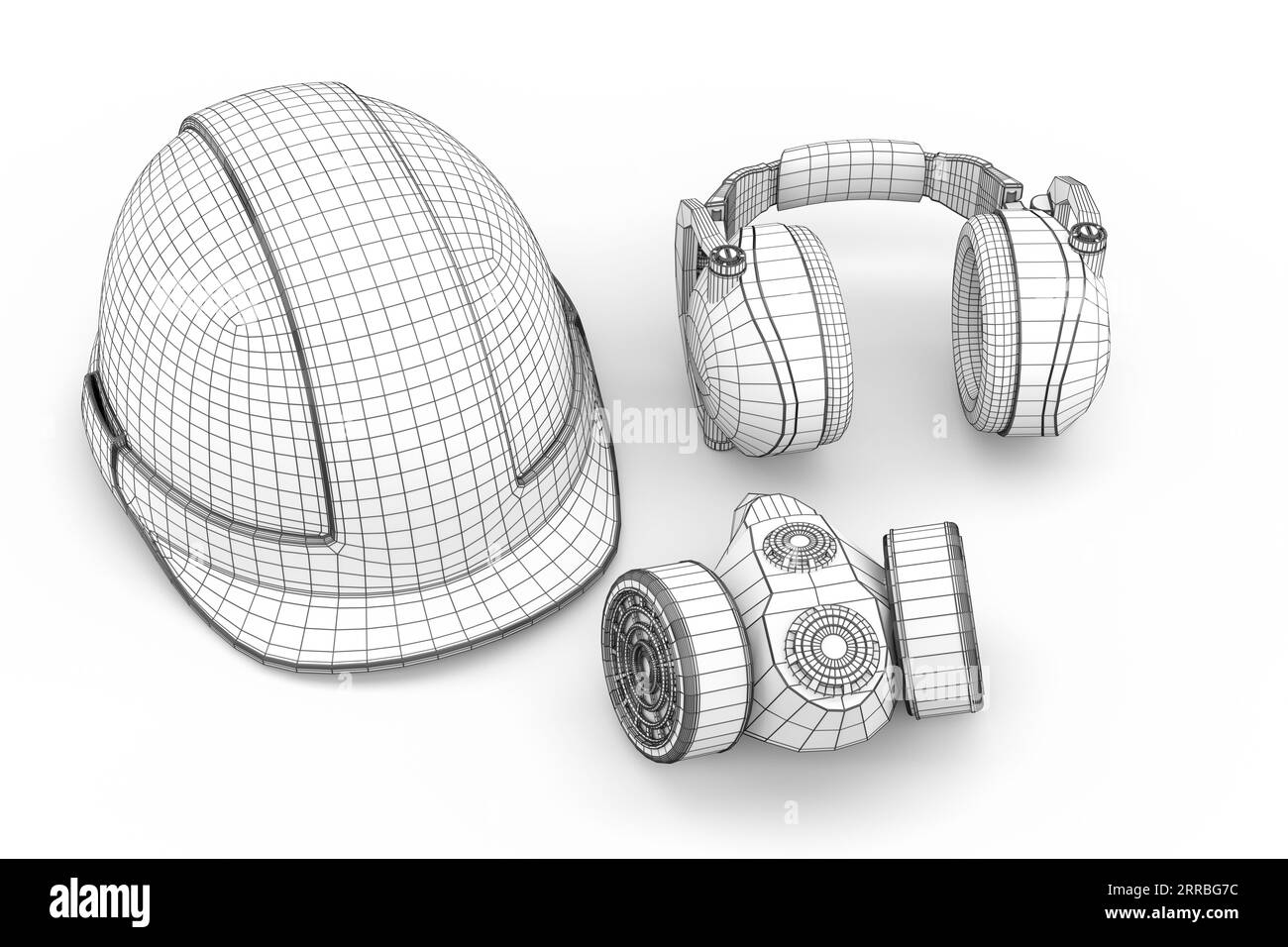 Safety helmet or hard cap, respirator and earphones muffs isolated on ...
