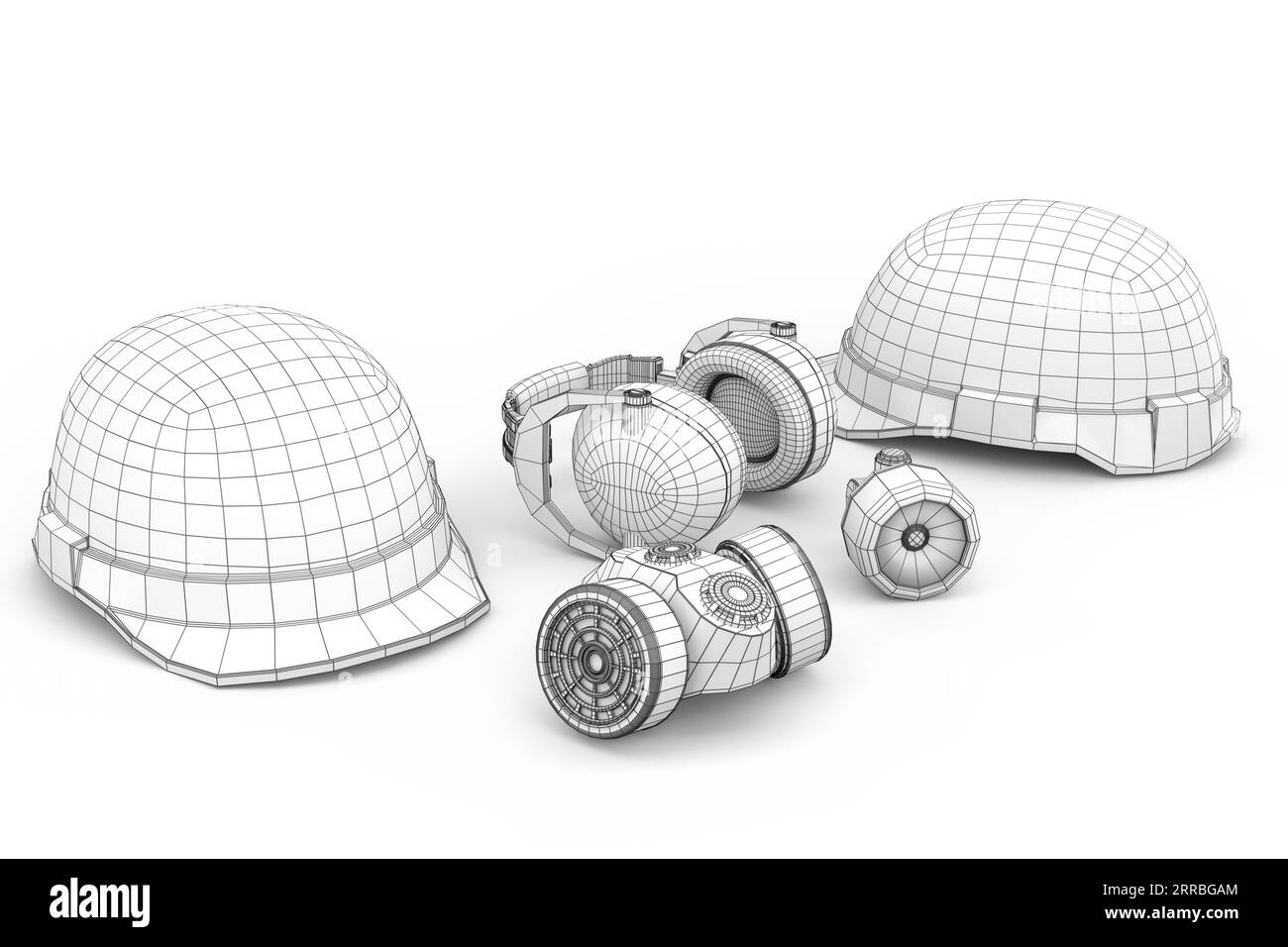 Safety helmet or hard cap, respirator and earphones muffs isolated on ...